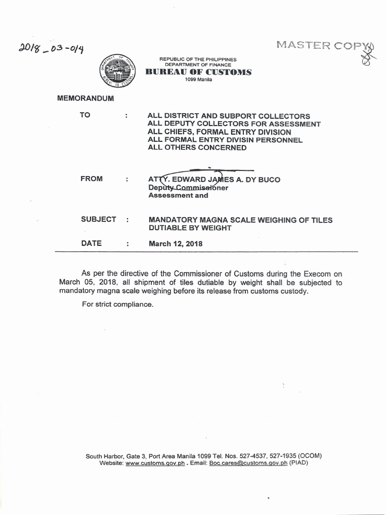 Bureau of Customs Memo-2018 - 03 - 014 Mandatory Magna Scale-Weighing ...