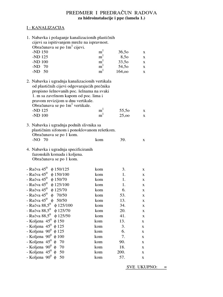 Predmjer Hidro Radova - Primjer PDF | PDF