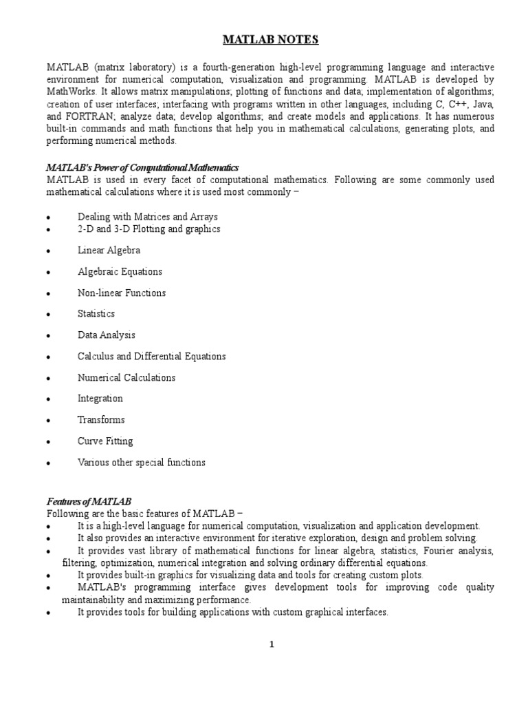 Matlab Notes: MATLAB's Power of Computational Mathematics | PDF ...