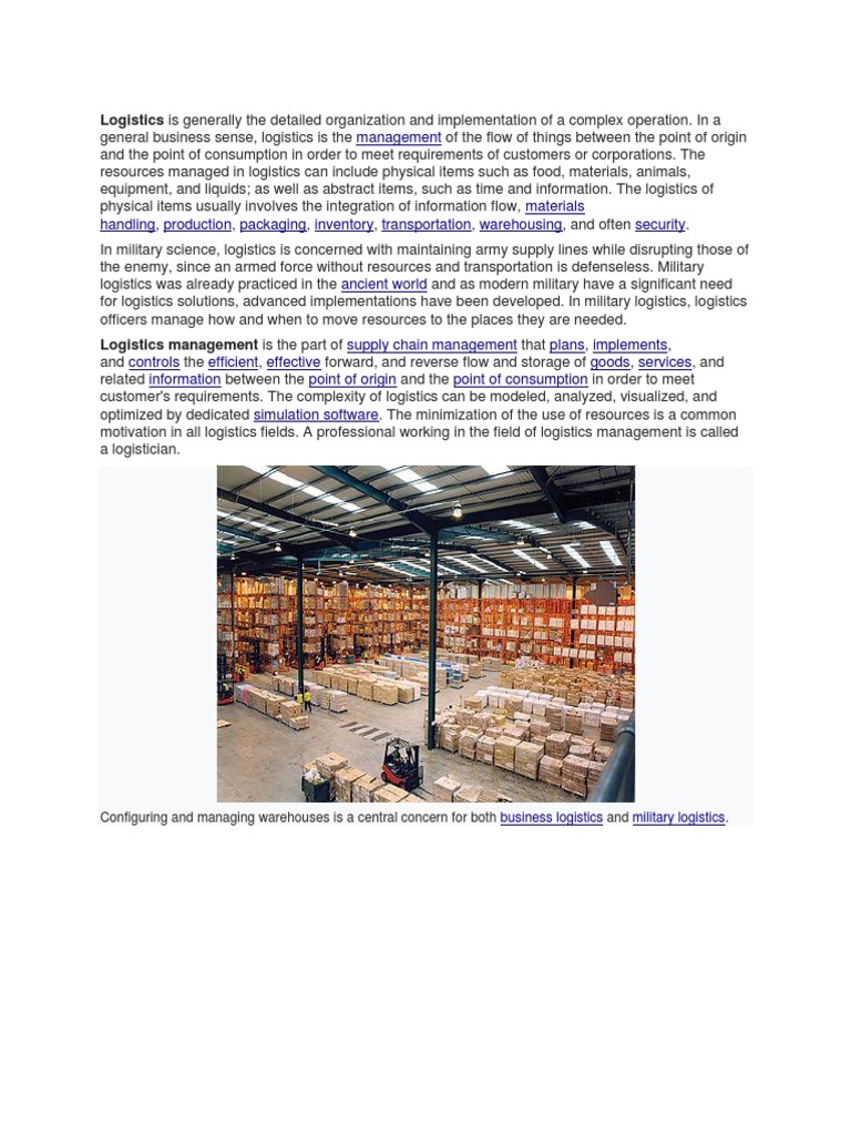 Logistics Is Generally The Detailed Organization and Implementation of ...