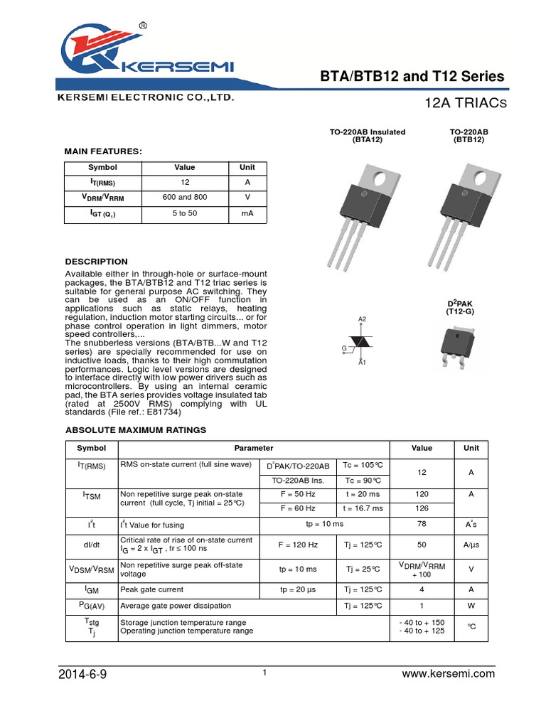 BTA/BTB12 and T12 Series: 12A Triac | PDF | Electronic Engineering | Electricity