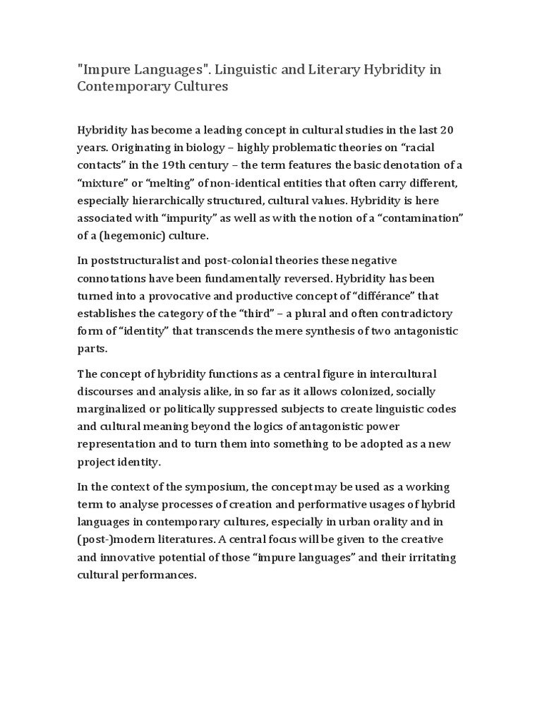 "Impure Languages". Linguistic and Literary Hybridity in Contemporary ...