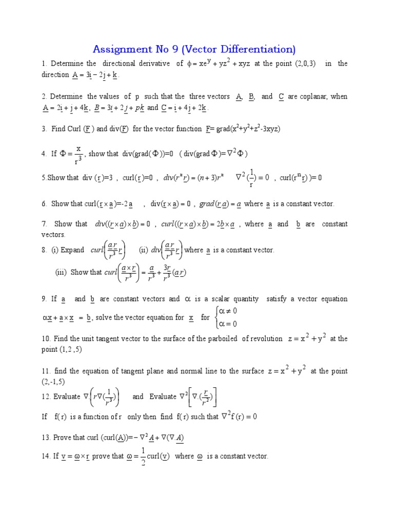 Assignment No 9 (Vector Differentiation) | PDF