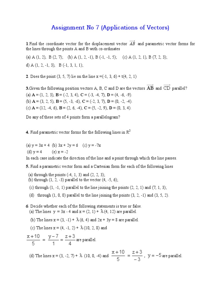 Assignment No 7 (Applications of Vectors) | PDF | Euclidean Vector | Line (Geometry)