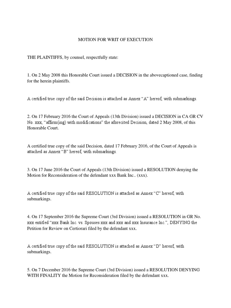 Motion for Writ of Execution Filing | PDF | Judgment (Law) | Writ