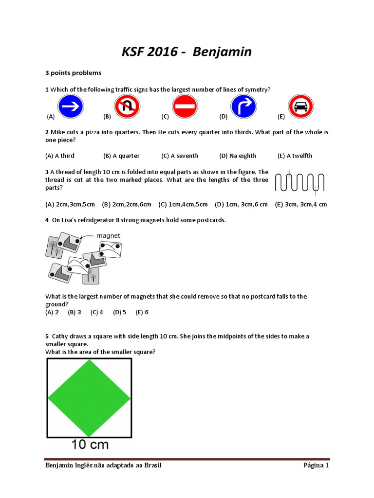 KSF 2016 - Benjamin: 3 Points Problems | PDF | Geometry | Elementary Mathematics