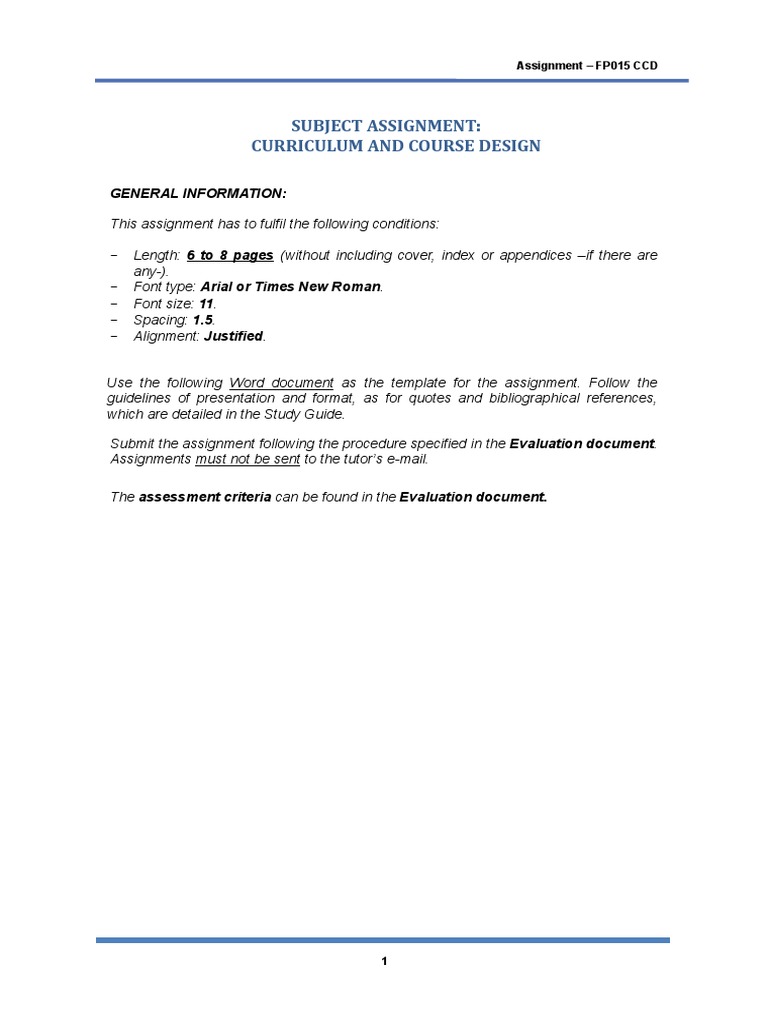 Subject Assignment: Curriculum and Course Design: General Information ...