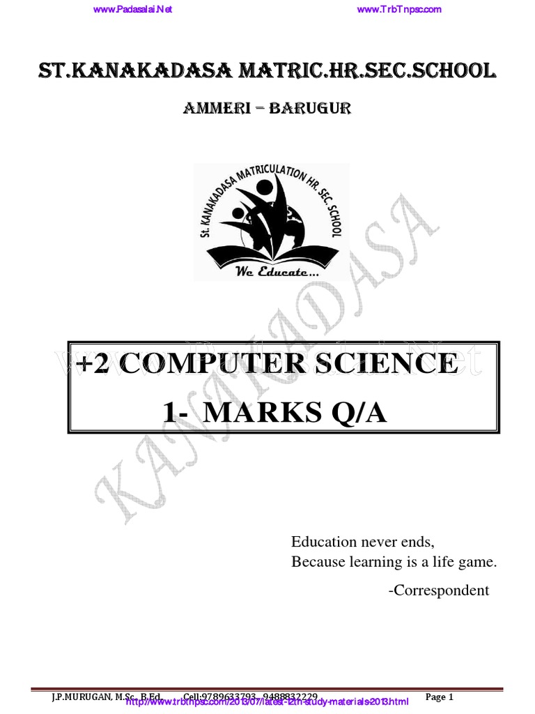 12th Computer Science 1 Mark Questions em | PDF | Keyboard Shortcut | Text