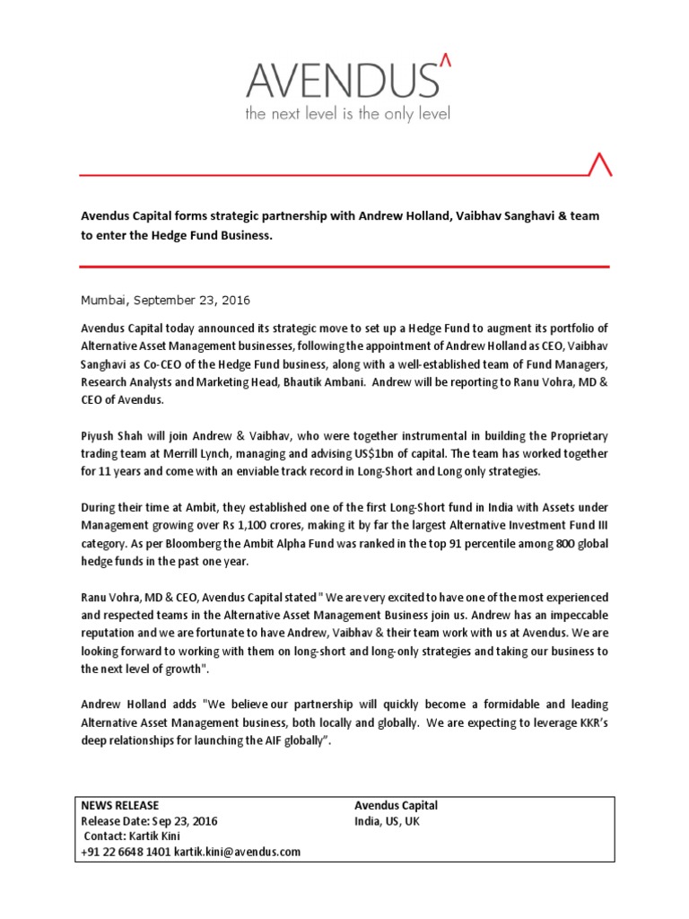 Avendus Capital Forms Strategic Partn | PDF | Investment Management ...