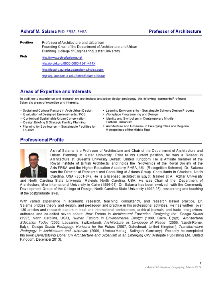 Ashraf M. Salama Professor of Architecture: Areas of Expertise and ...