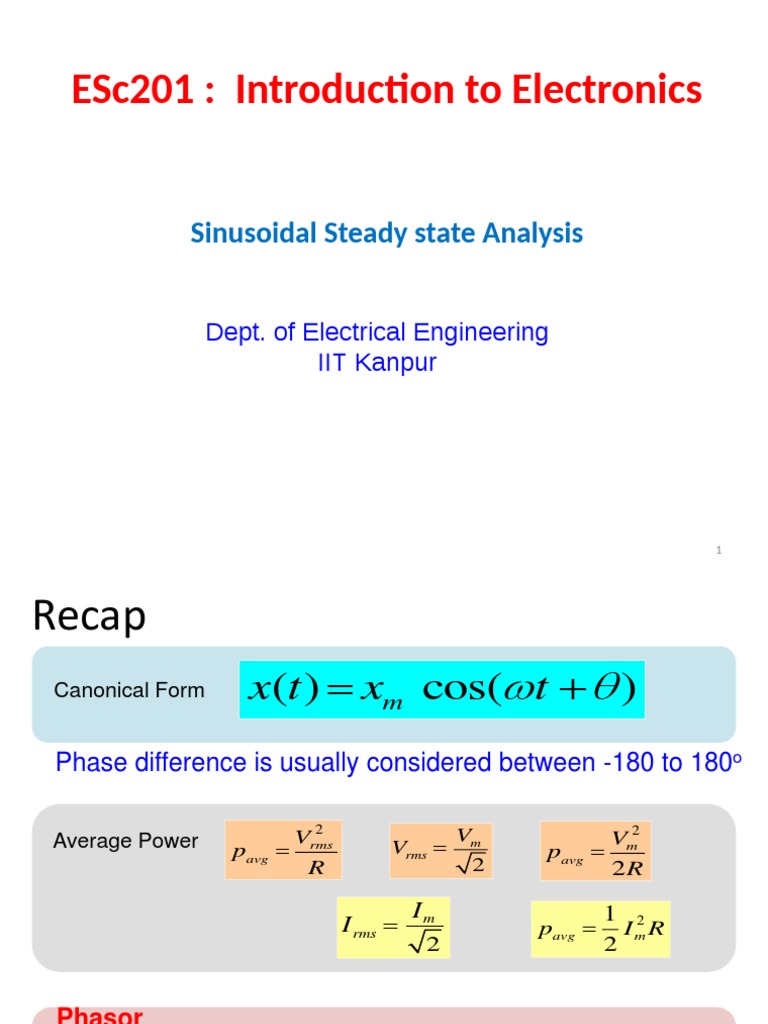 Esc201: Introducton To Electronics: Sinusoidal Steady State Analysis | PDF | Electrical ...