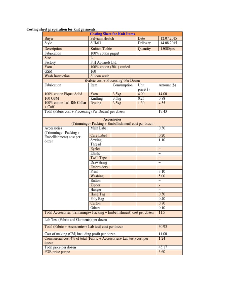 Knit Garments Costing Sheet Guide | PDF | Knitting | Textiles