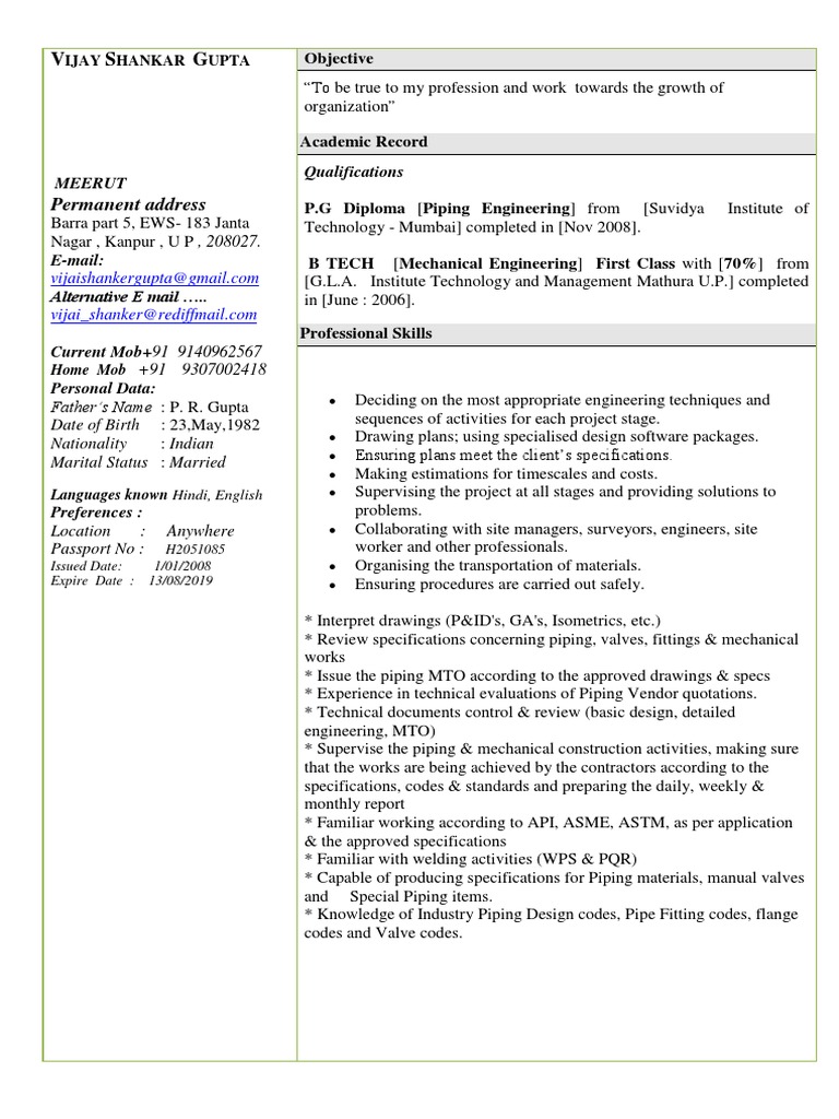 Piping Engineer Resume: Vijay Shankar Gupta | PDF | Pipe (Fluid ...
