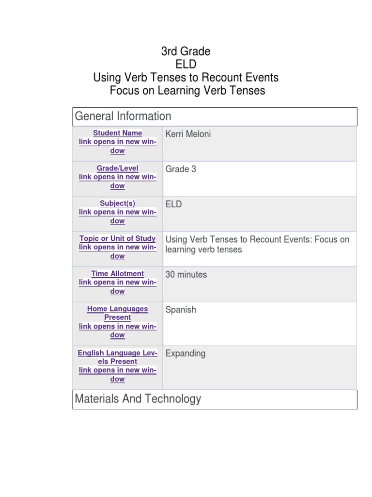 3rd Grade ELD: Verb Tenses Lesson Plan | PDF | Verb | Educational ...