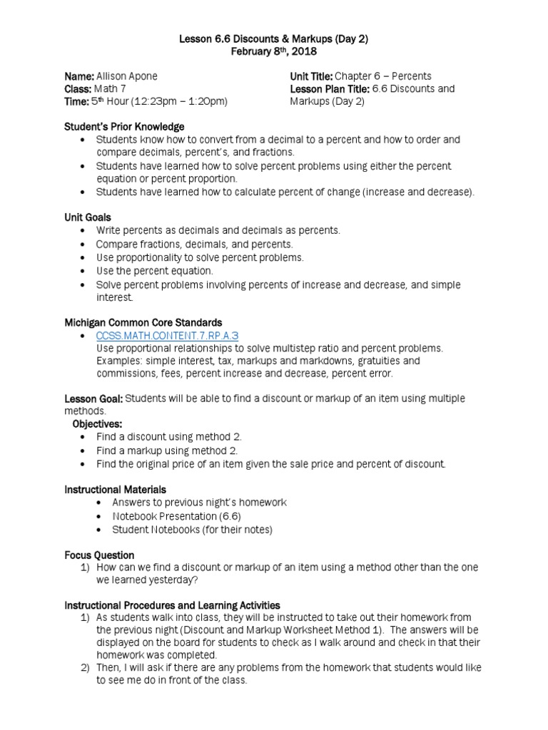 Discounts and Markups Lesson Plan | PDF | Percentage | Homework