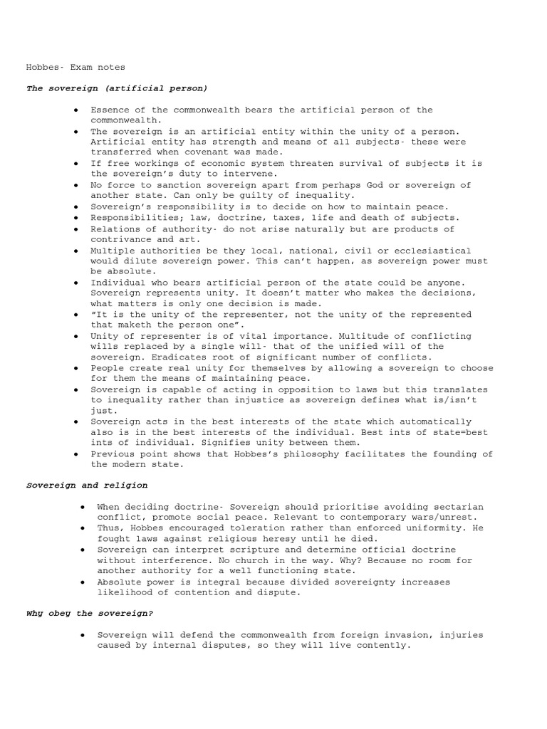 Hobbes Sovereign Exam Notes | PDF | Sovereignty | Thomas Hobbes