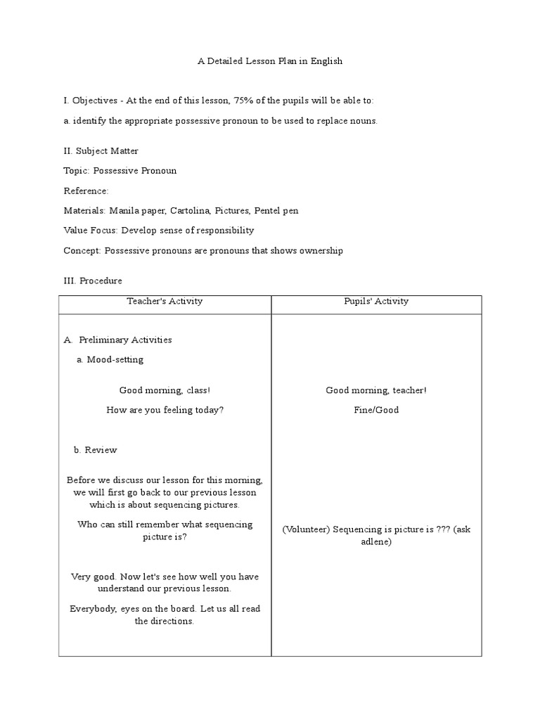 LP Possessive Pronouns | PDF | Lesson Plan | Pronoun