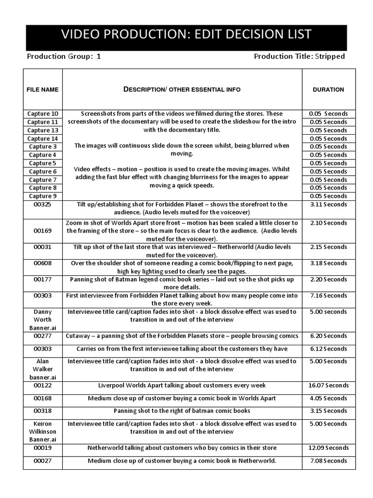 Video Production: Edit Decision List | PDF | Comics | Leisure