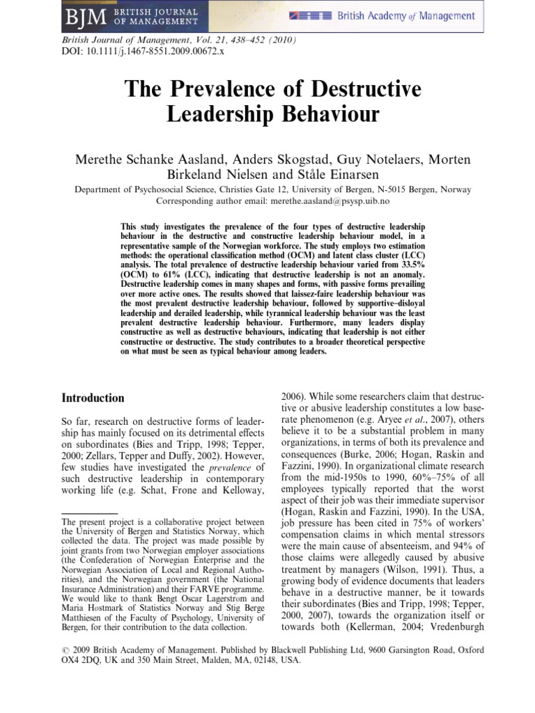 Destructive Leadership PDF | PDF | Validity (Statistics) | Leadership