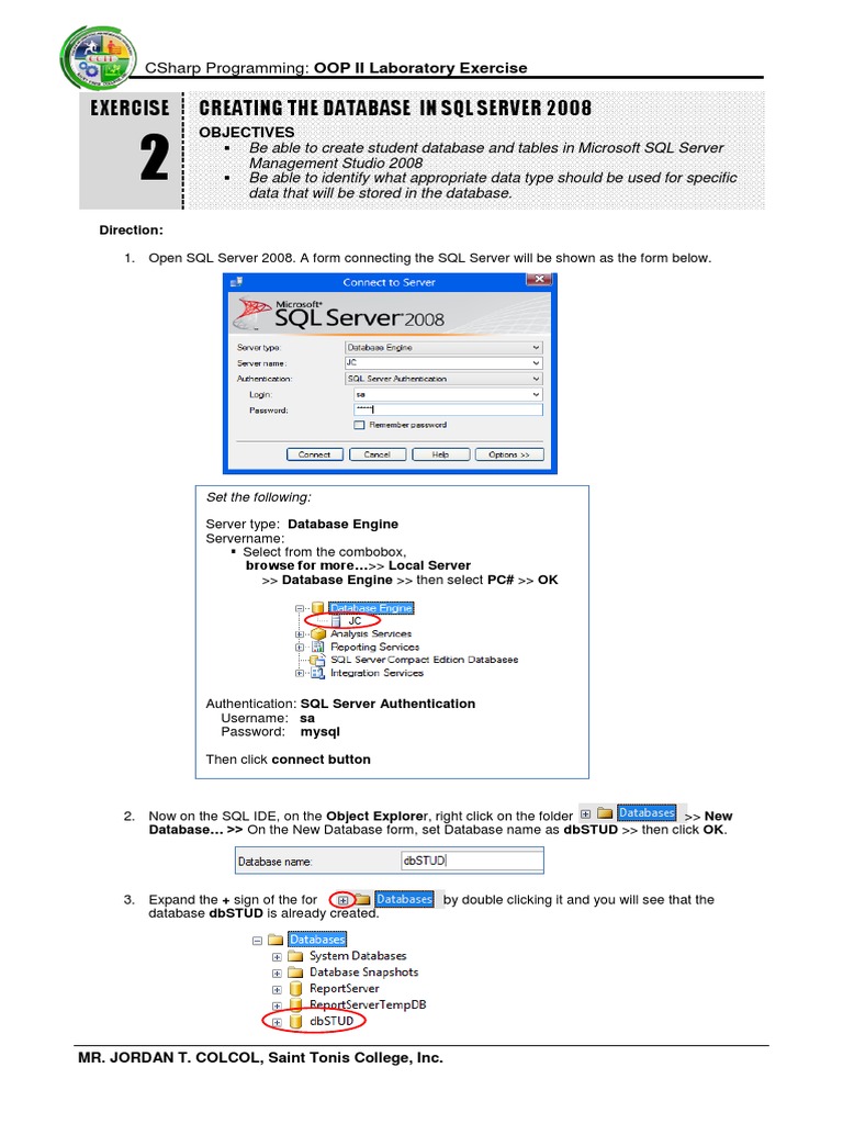 Creating The Database in SQL Server 2008 Exercise: Csharp Programming: Oop Ii Laboratory ...