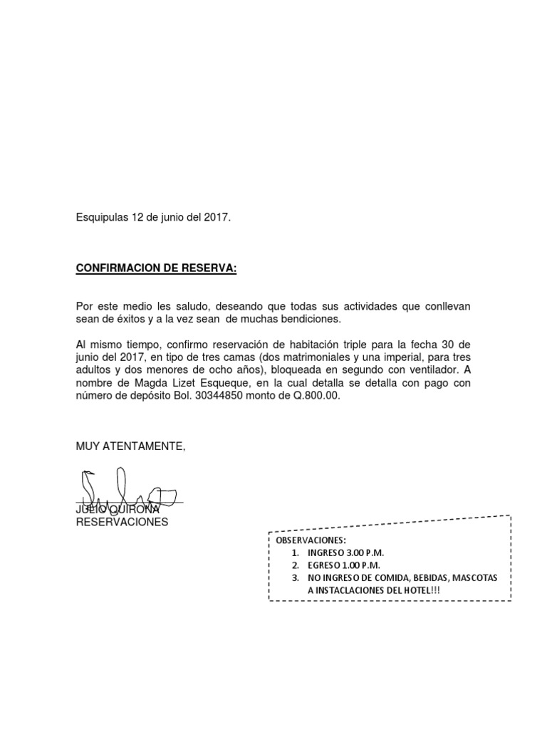 Confirmacion de Reserva Hotelera | PDF