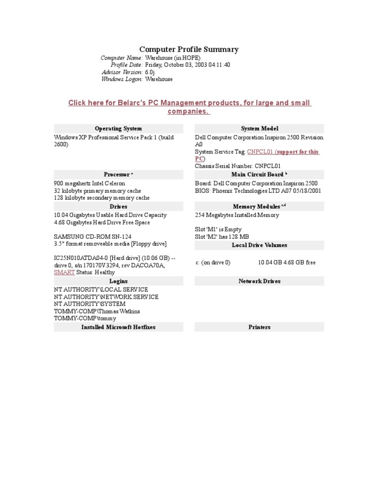 Computer Profile Summary: Click Here For Belarc's PC Management ...