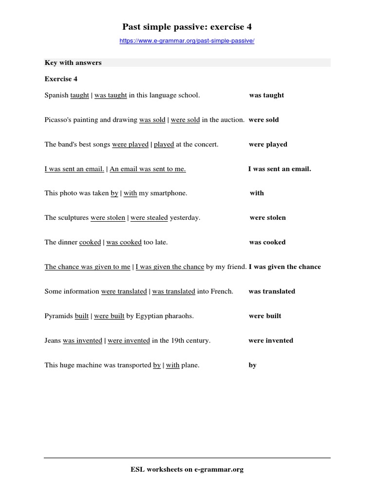 Past Simple Passive: Exercise 4: Key With Answers Exercise 4 | PDF