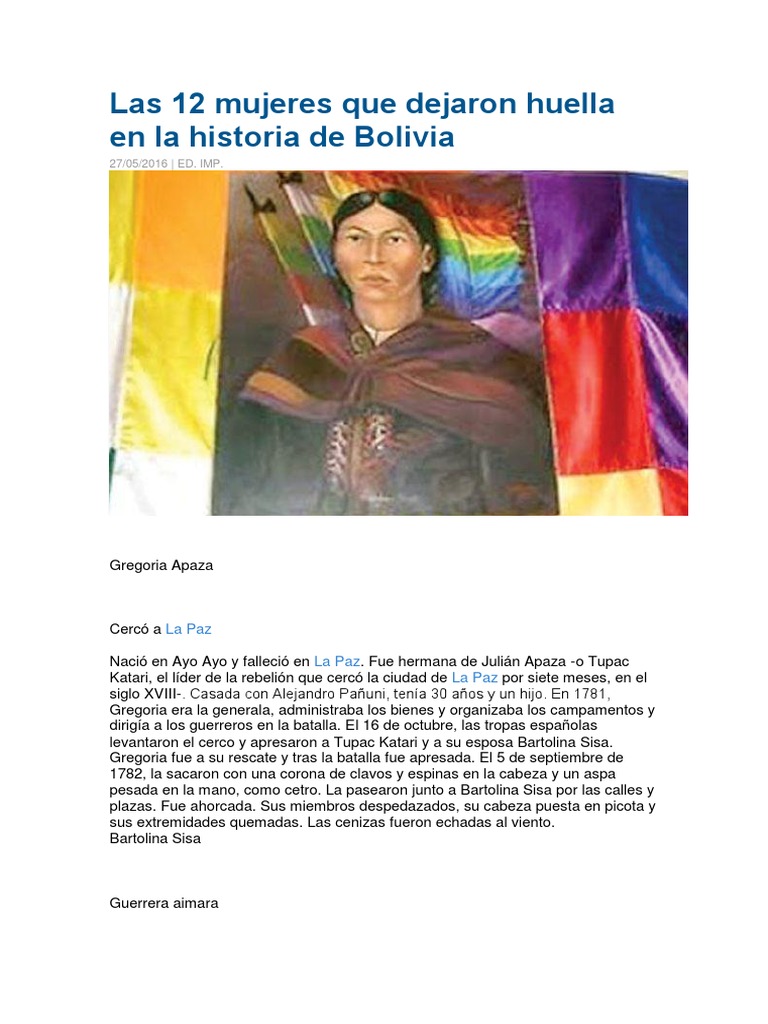 Las 12 Mujeres Que Dejaron Huella en La Historia de Bolivia | PDF ...