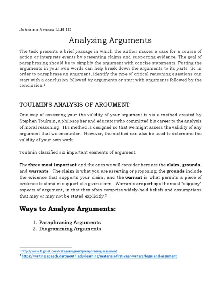 Analyzing Arguments: Toulmin'S Analysis of Argument | PDF | Argument | Reason