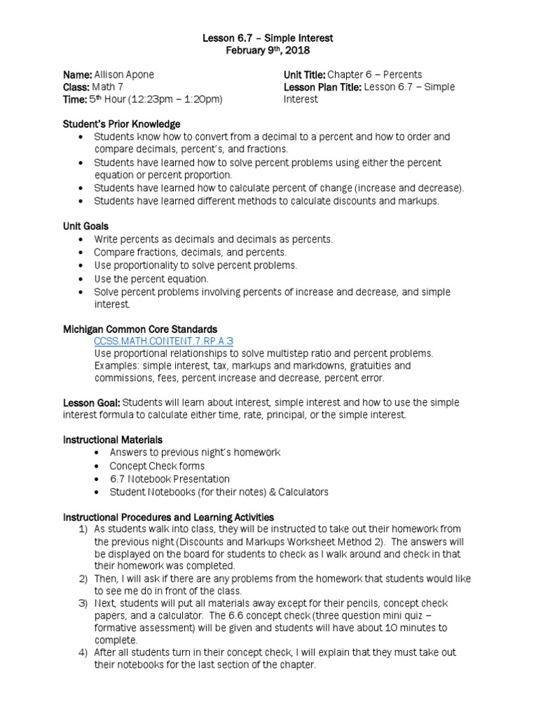 Simple Interest Lesson Plan | PDF | Percentage | Interest