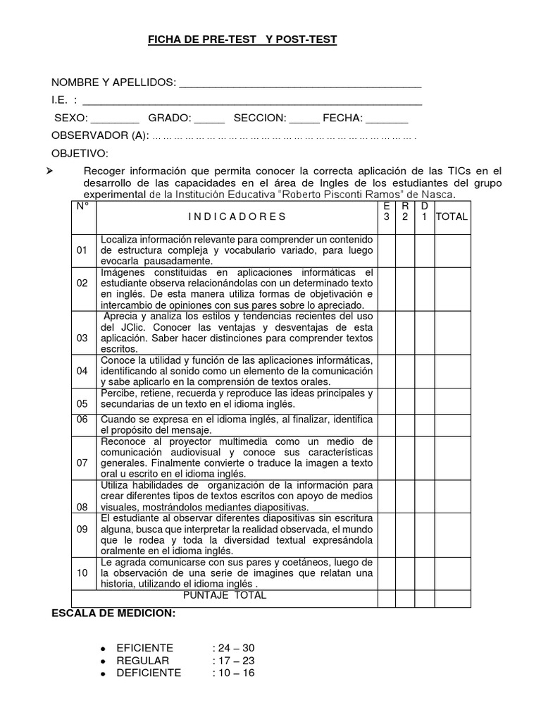 Ejemplos de Pre y Post Test en Educación | PDF | Tecnología de ...