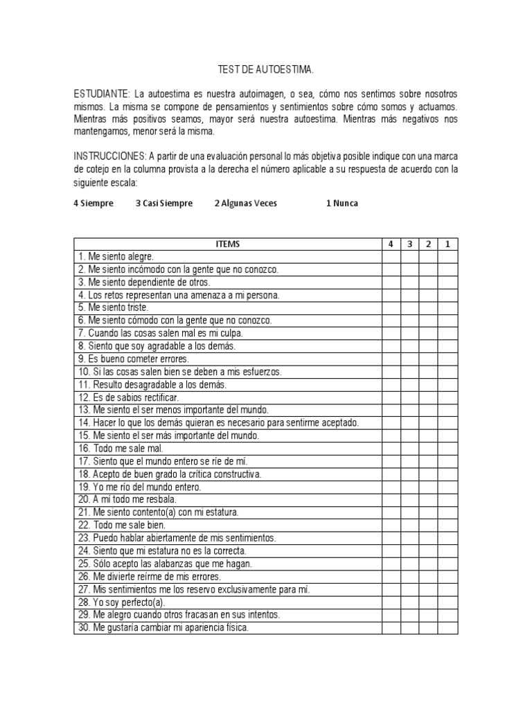 Test de Autoestima | PDF | Ocio