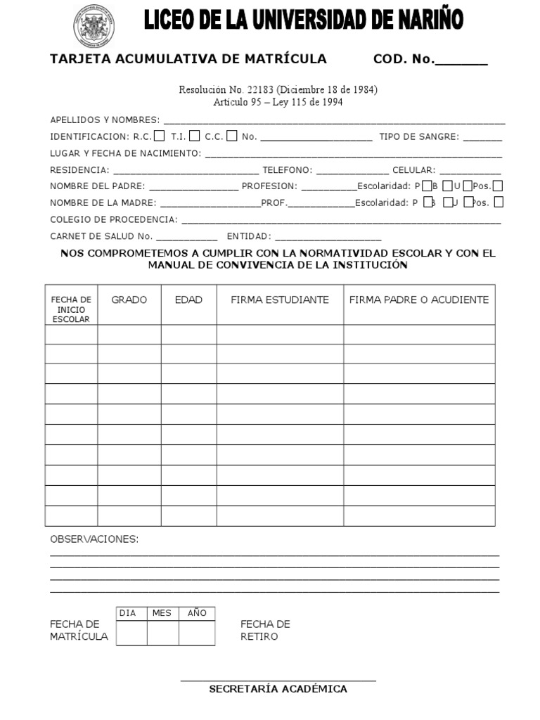Formato Tarjeta Acumulativa de Matricula 2018 | PDF | Finanzas y dinero
