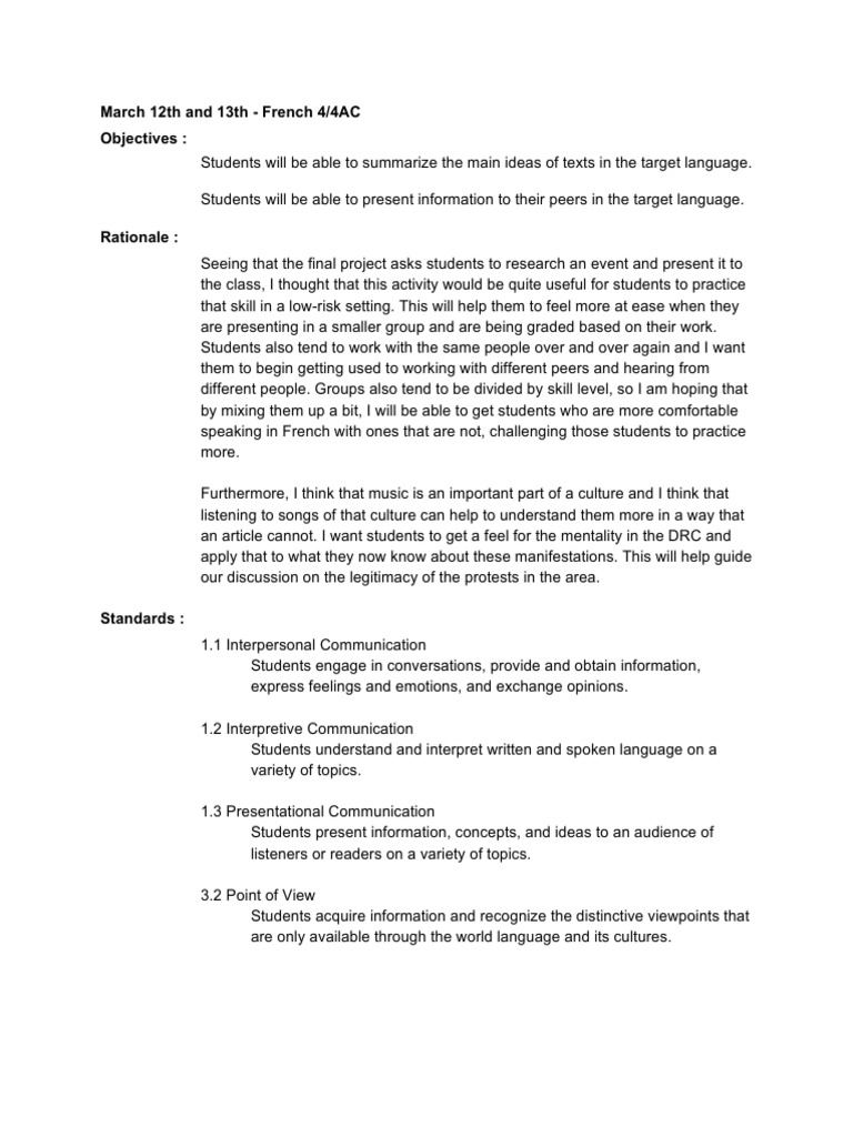 Posigian Charles - Sample Lesson Plan 1 | PDF | French Language ...