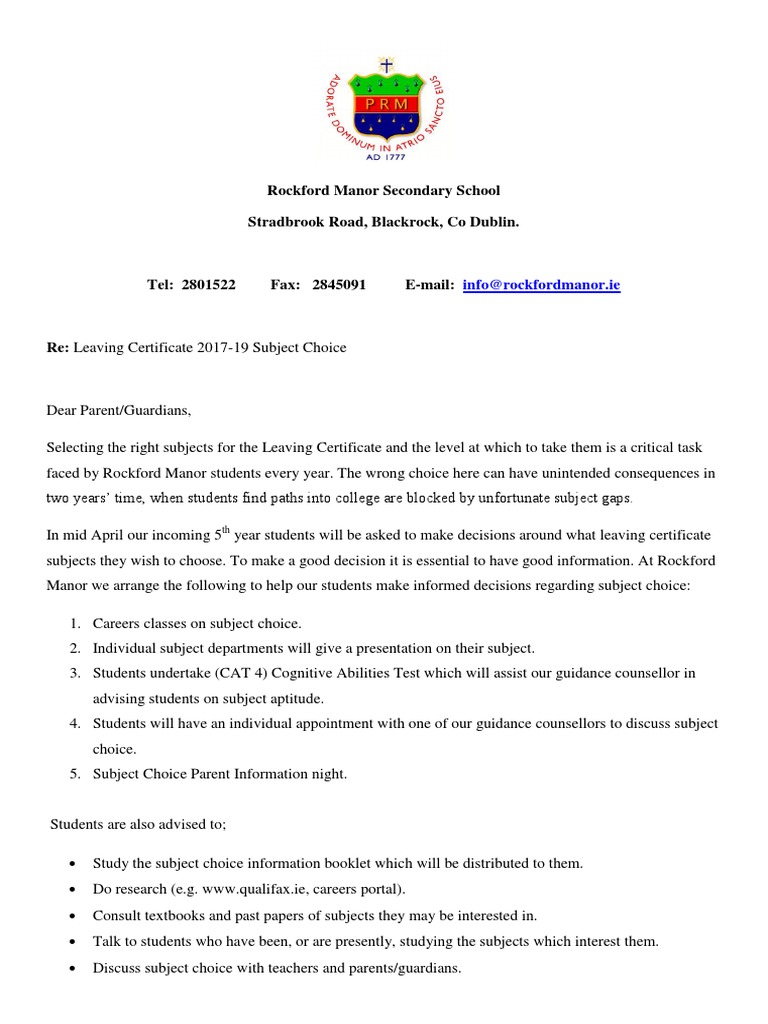 Rockford Manor Secondary School Subject Choice Letter | PDF | School ...
