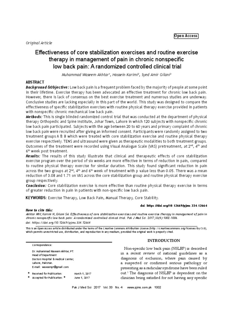 Effectiveness of Core Stabilization Exercises and Routine Exercise ...