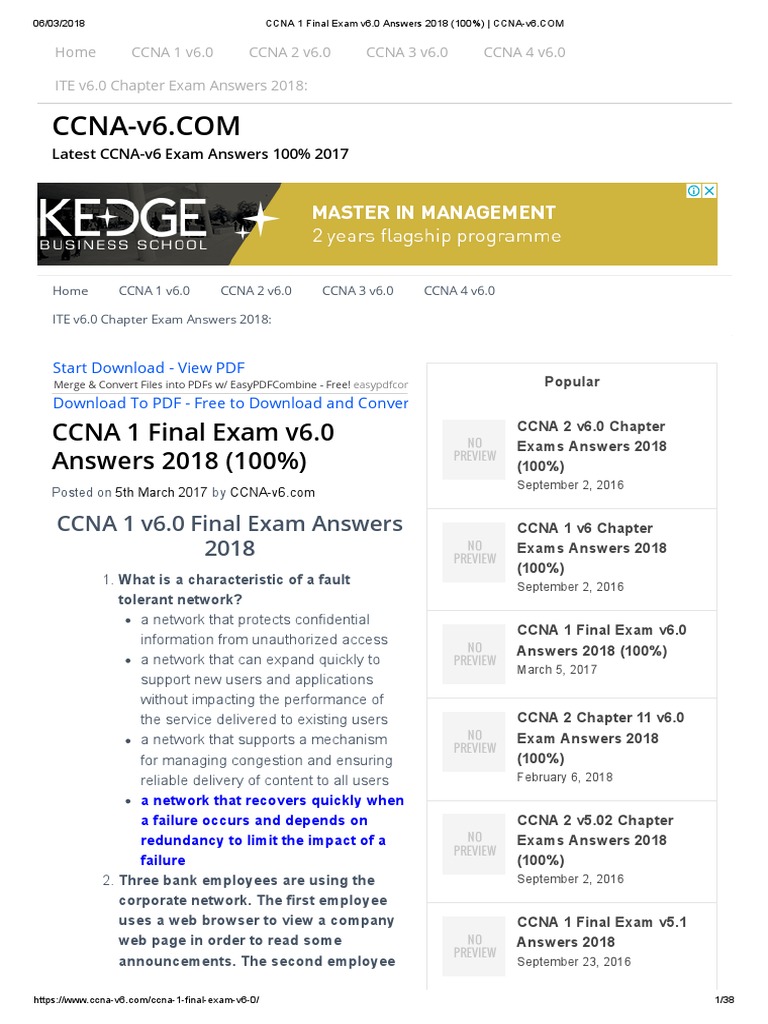 CCNA 1 Final Exam v6.0 Answers 2018 (100%) | PDF | I Pv6 | Computer Network