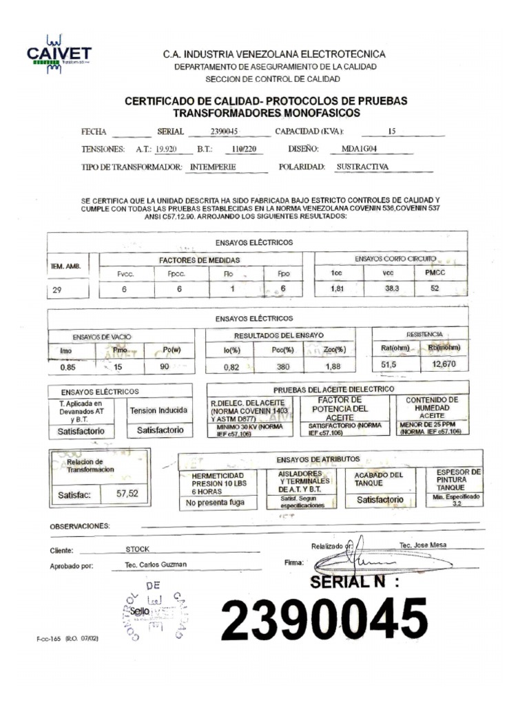 Transformador Protocolo de Prueba | PDF