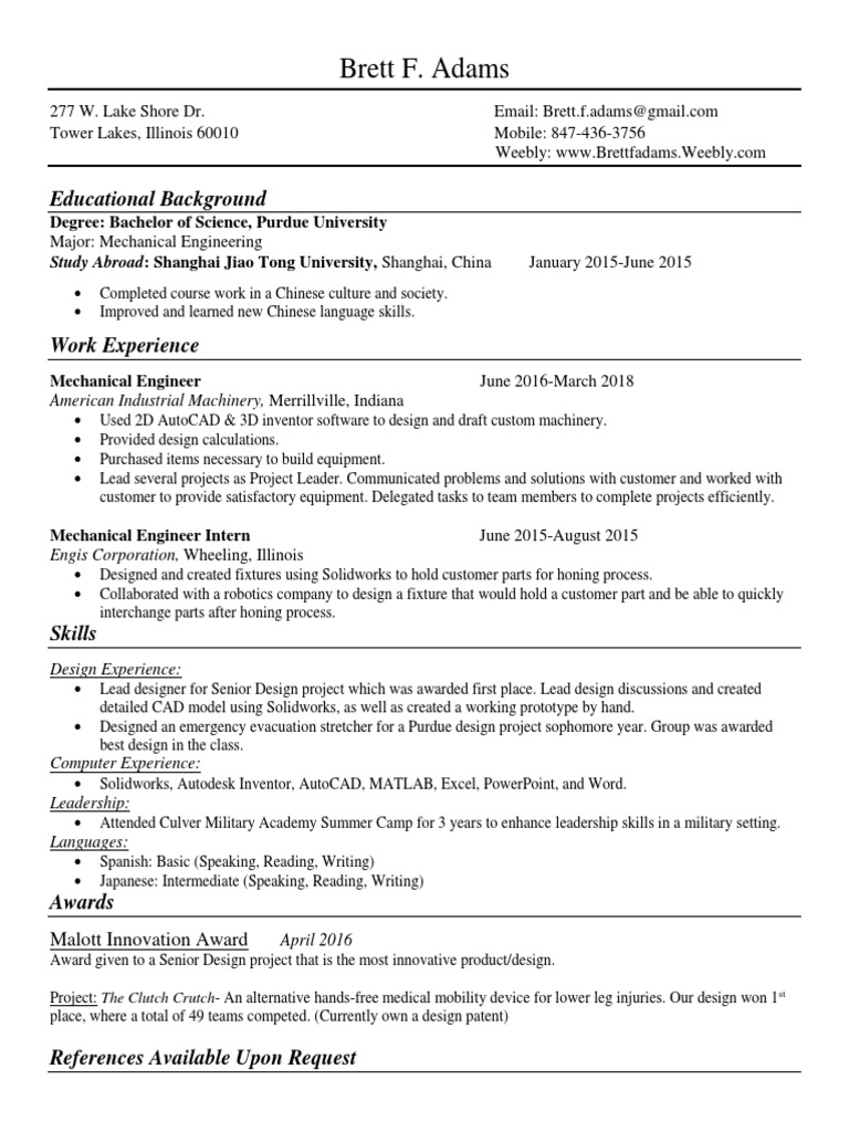Brett Adams Resume | PDF | Auto Cad | Mechanical Engineering