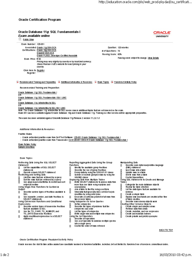 Oracle Database 11g SQL Fundamentals 1 | PDF | Table (Database) | Databases