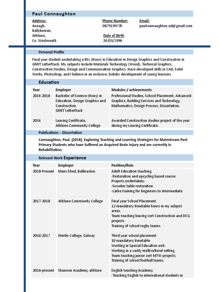 Paul Connaughton 2018 Updated CV | Download Free PDF | Learning | Behavior Modification