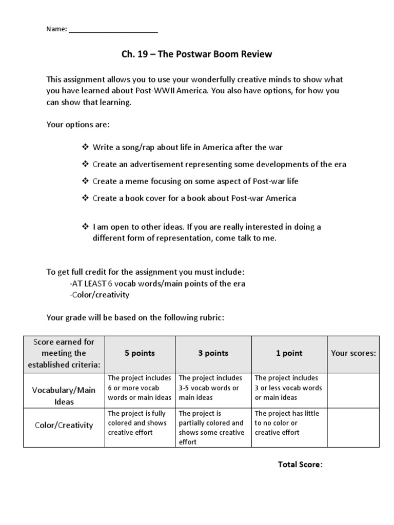 Ch. 19 - The Postwar Boom Review: 5 Points 3 Points 1 Point | PDF