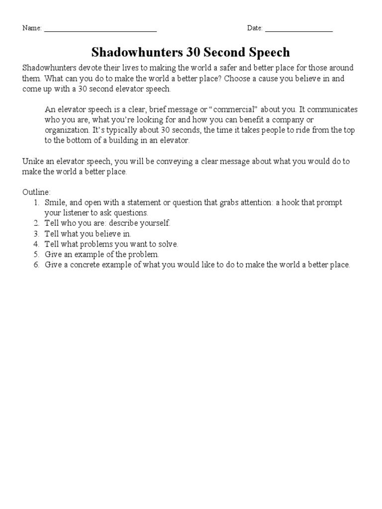 Shadowhunters 30-Second Speech Guide | PDF | Brainstorming | Rubric ...