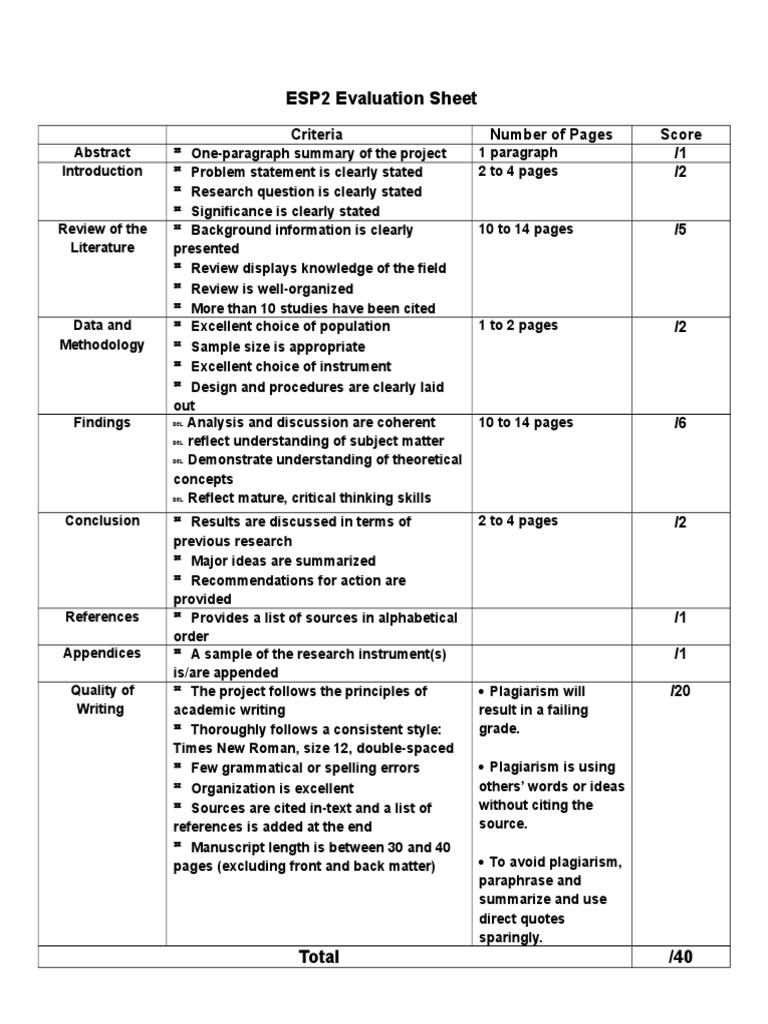 ESP2 Evaluation Sheet: Criteria Number of Pages Score /1 /2 | PDF ...