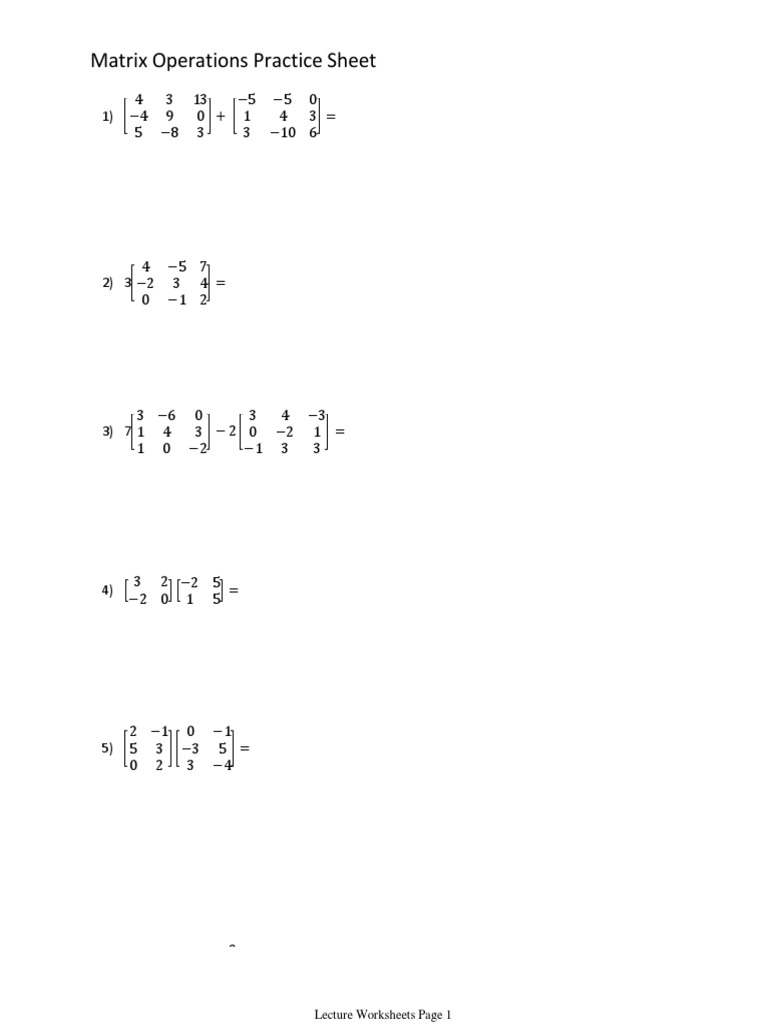 Matrix Operations Practice Sheet | PDF