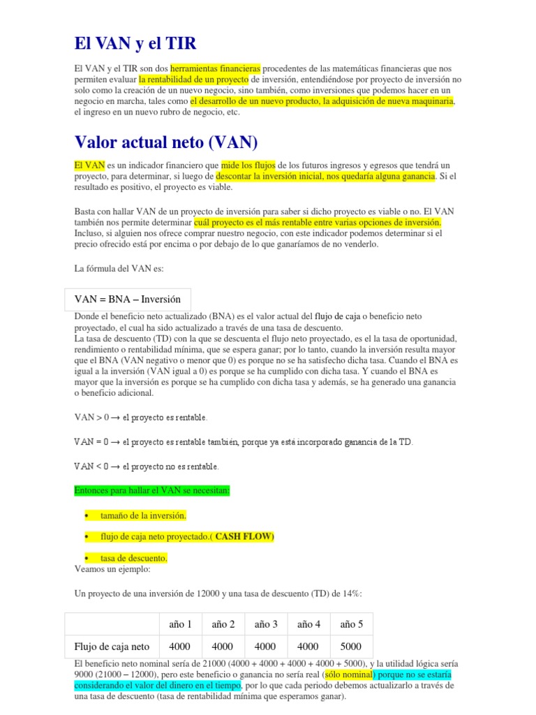 El VAN y El TIR Ejemplo de Calculo 1 | PDF | Tasa interna de retorno | Valor presente neto