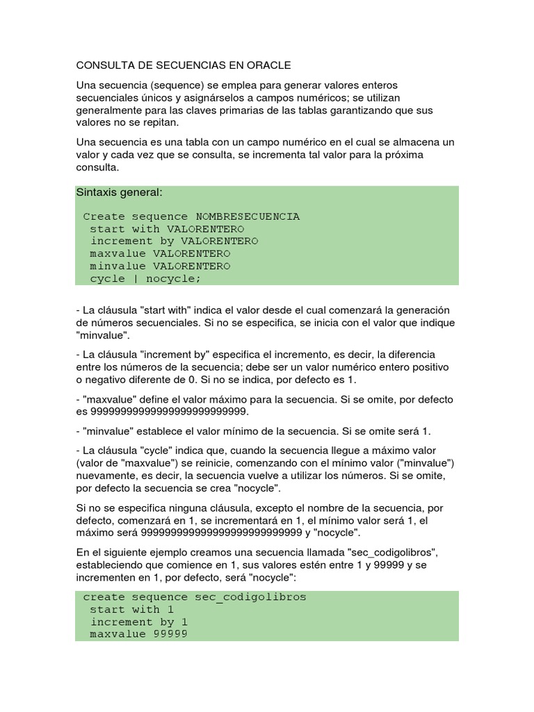 Consulta de Secuencias en Oracle | PDF | Tabla (base de datos) | Bases ...
