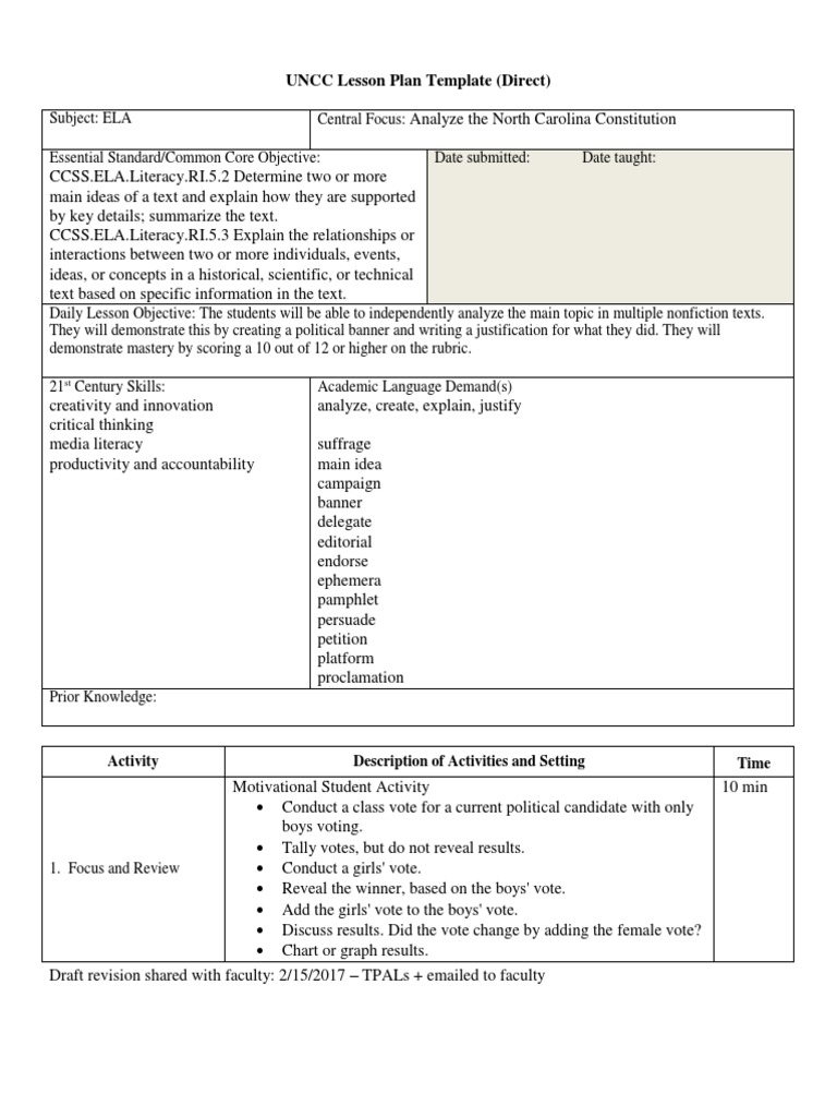UNCC Lesson Plan Template (Direct) : Activity Description of Activities ...