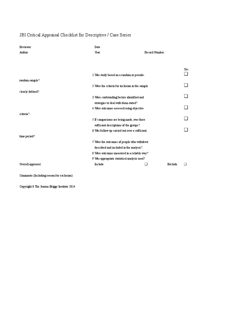 JBI Critical Appraisal Checklist For Descriptive / Case Series | PDF