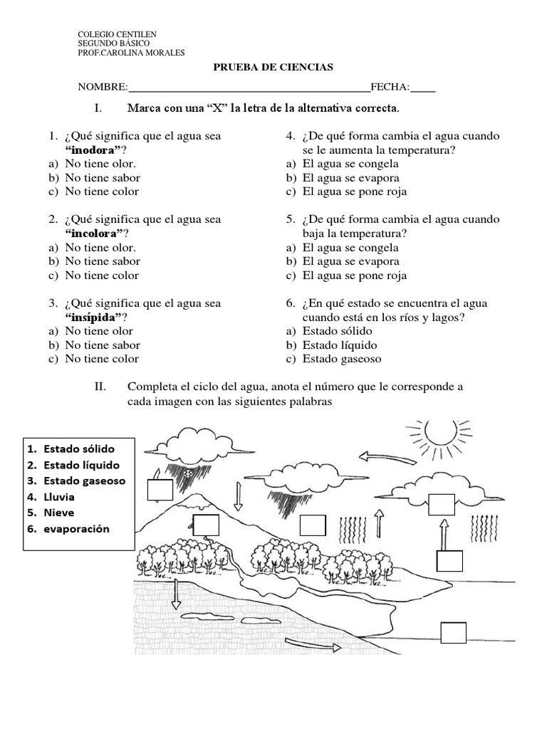 Prueba de Ciencias Unidad Agua Segundo Basico | PDF | Evaporación | El ...